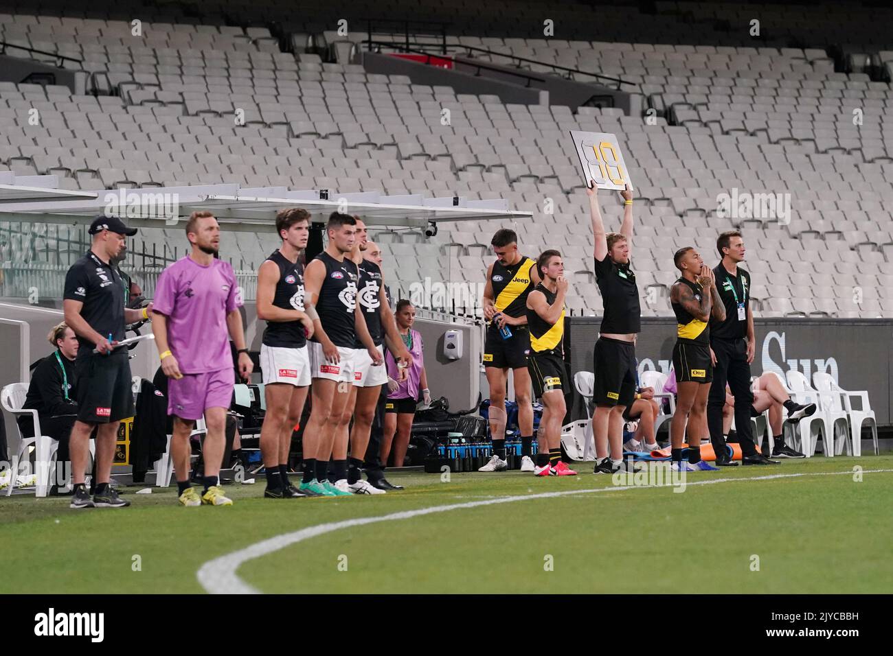 The bench set up is seen during the Round 1 AFL match between Richmond ...