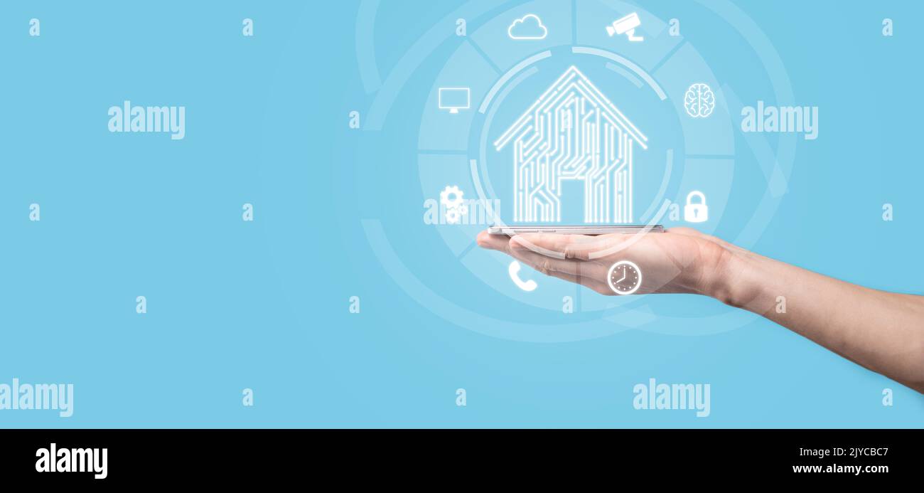Hand hold house icon.Smart home controlled, intelligent house, and home ...