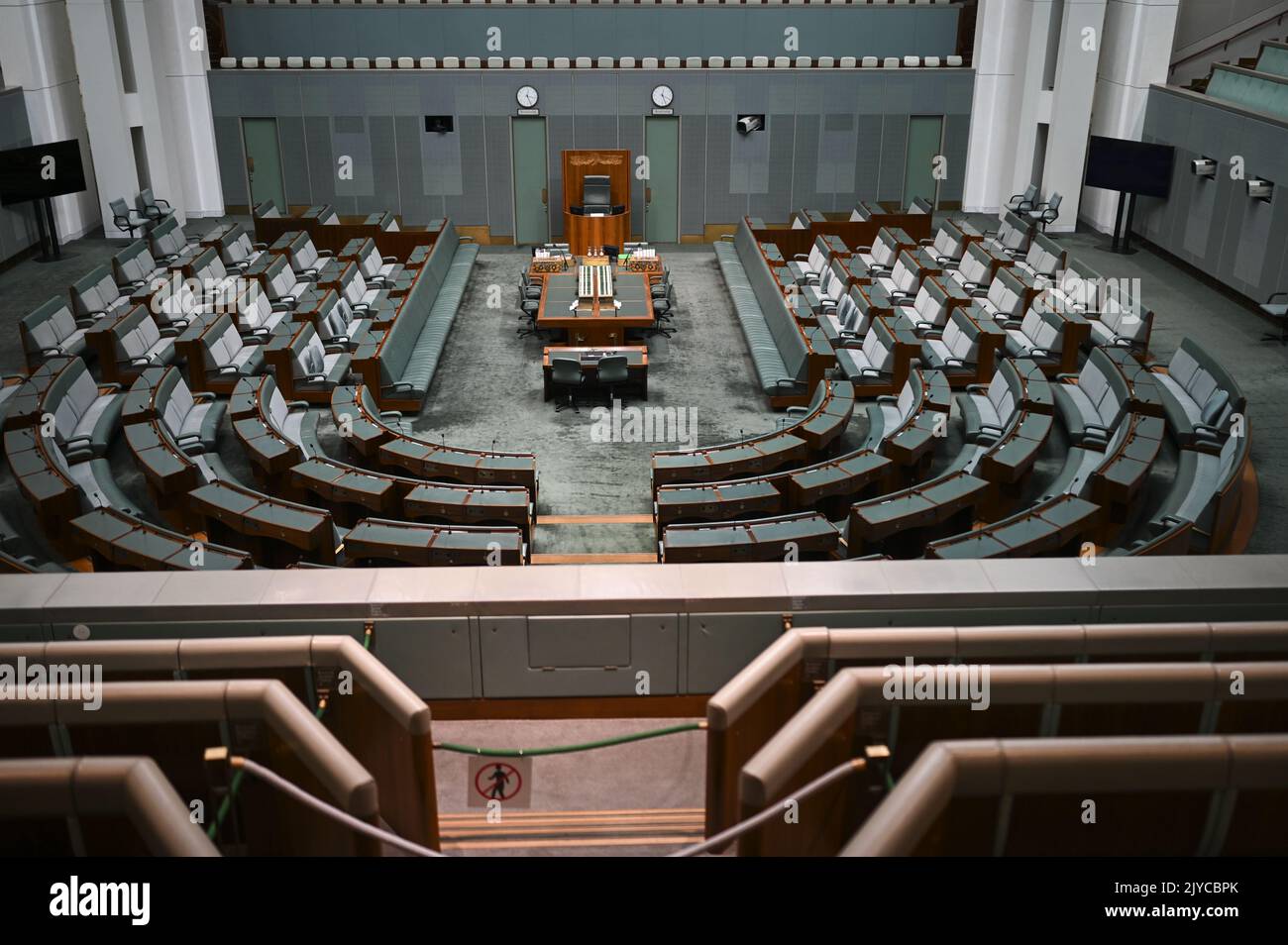 General view of the empty House of Representatives at Parliament House ...