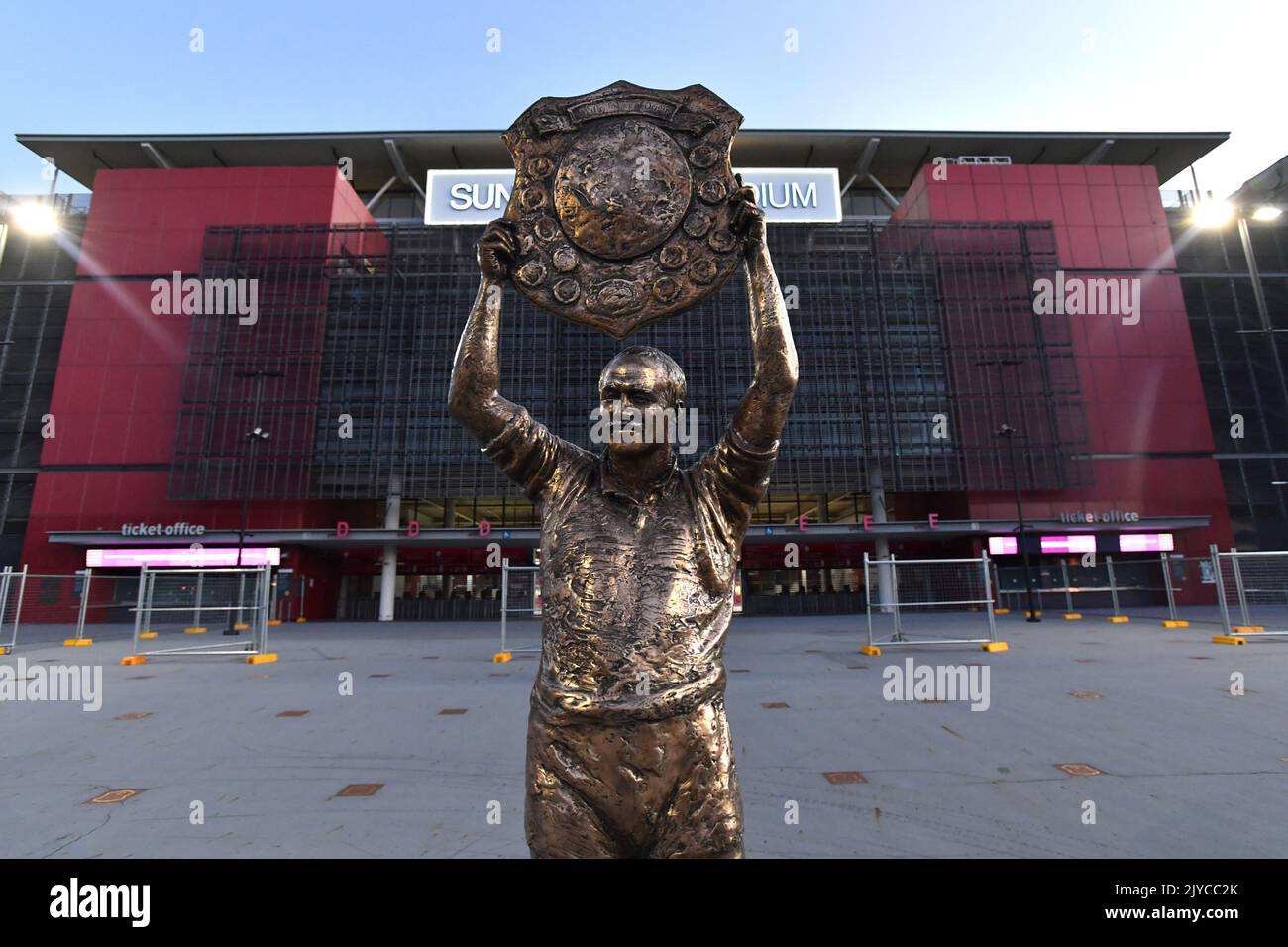 The statue of Wally Lewis is seen in front of a empty Suncorp Stadium ...