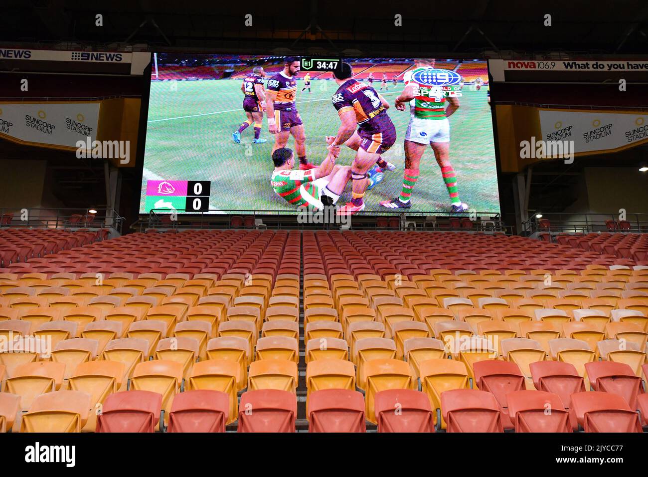 Empty grandstand seats are seen during the round two NRL match between ...