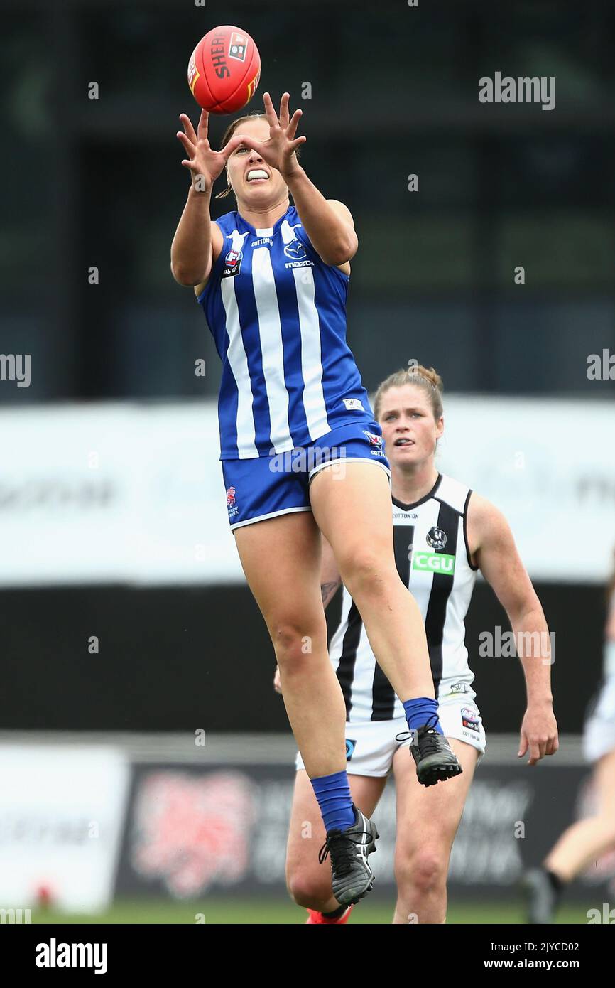 Jasmine Garner of the North Melbourne Kangaroos marks during the AFLW ...