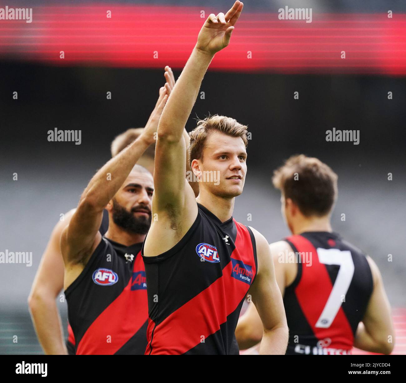 Jordan Ridley of Essendon celebrates the win during the Round 1 AFL ...