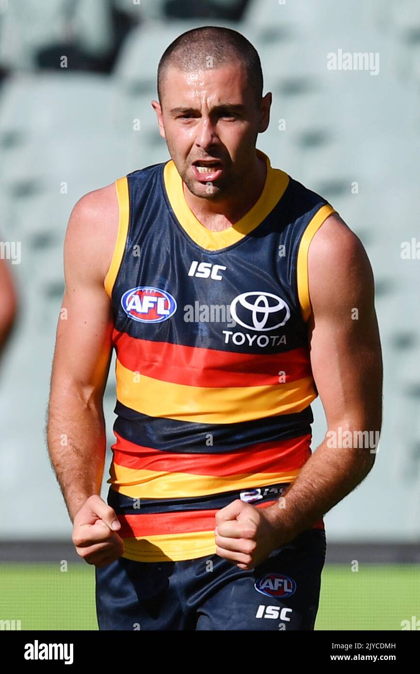 Rory Atkins of the Crows reacts after scoring a goal during the Round 1 ...