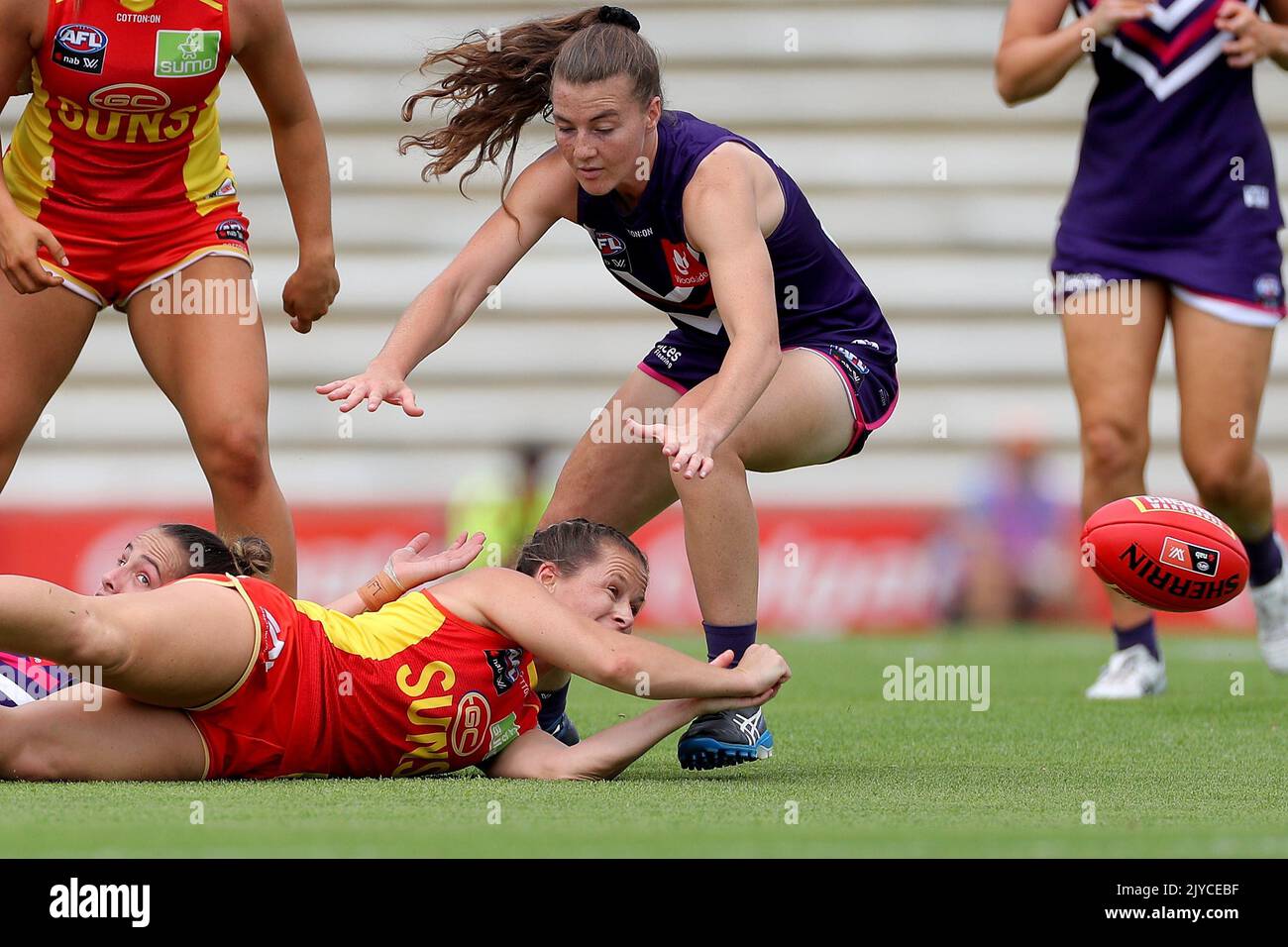 Kate Surman of the Suns handballs during the AFLW semi final 4 match ...