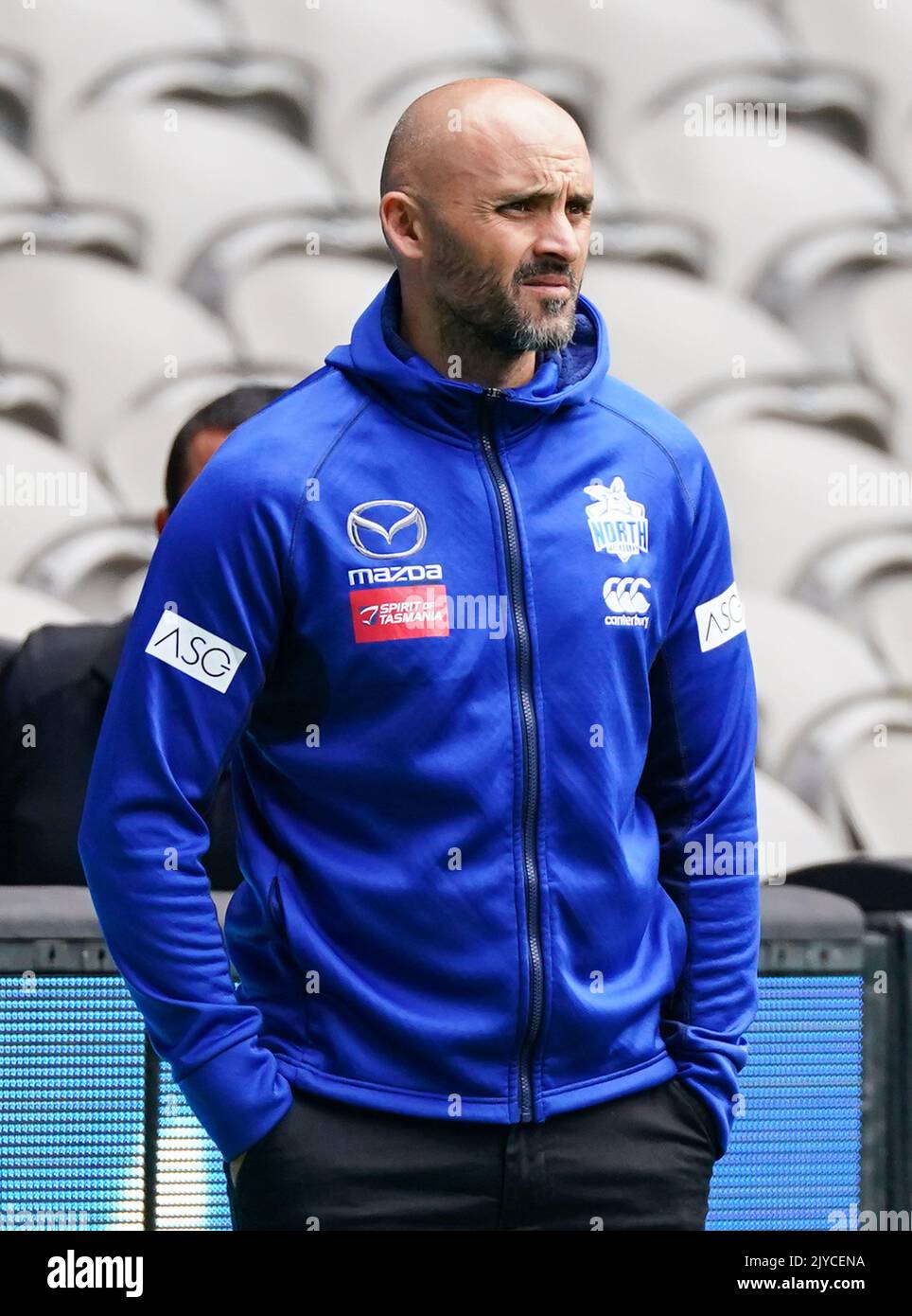 Coach of the Kangaroos Rhyce Shaw looks on during the Round 1 AFL match ...