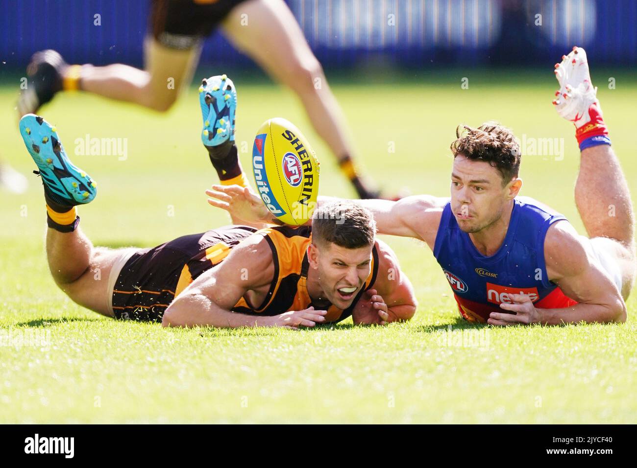 Luke Breust of the Hawks is tackled by Lachie Neale of the Lions during ...
