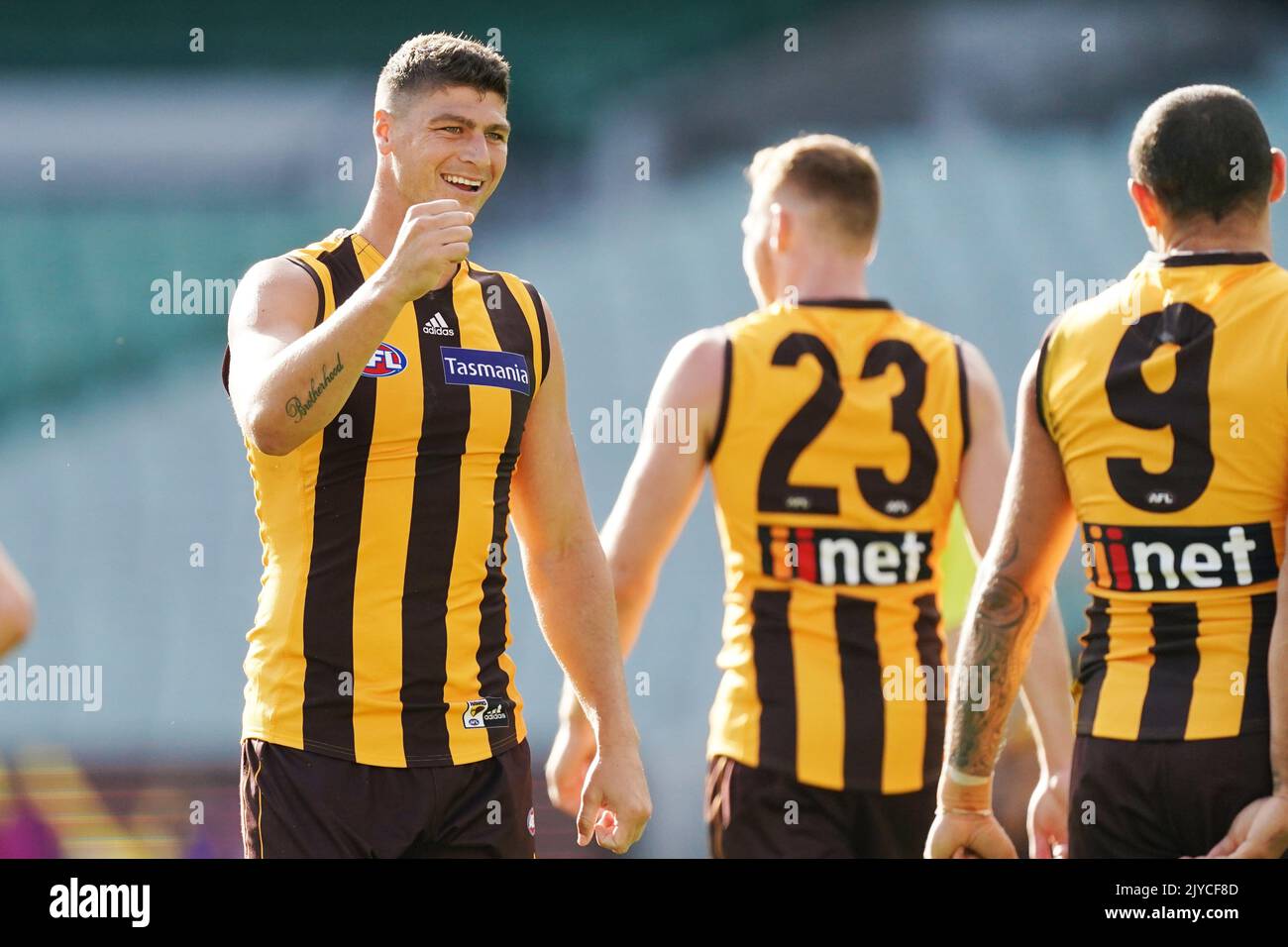 Jonathon Patton of the Hawks celebrates a goal during the Round 1 AFL ...