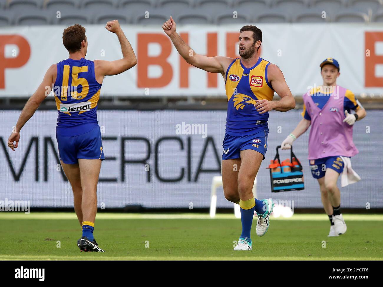 Jack Darling of the Eagles celebrates kicking a goal with Jamie Cripps ...