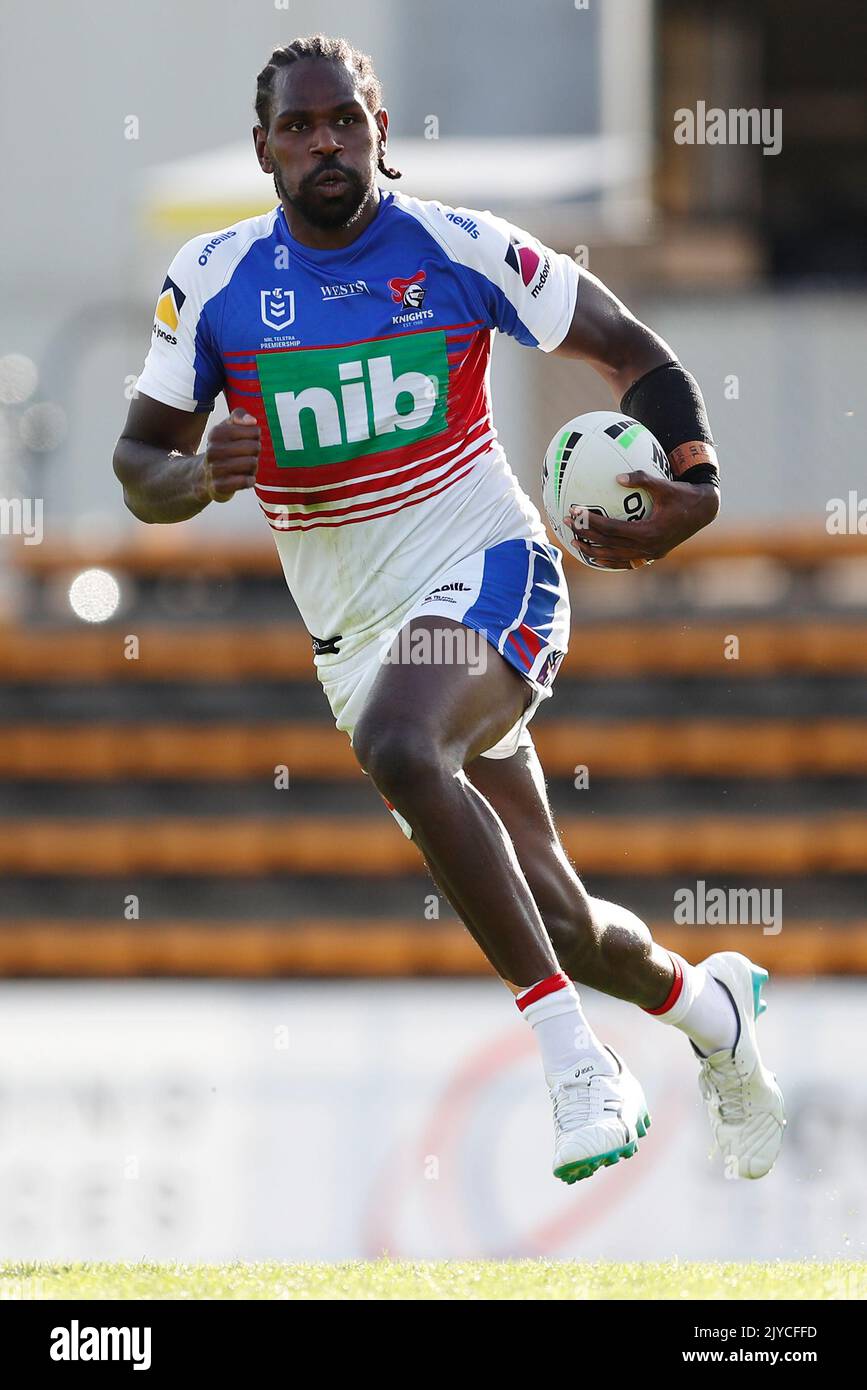 Edrick Lee of the Knights runs the ball during the Round 2 NRL match ...