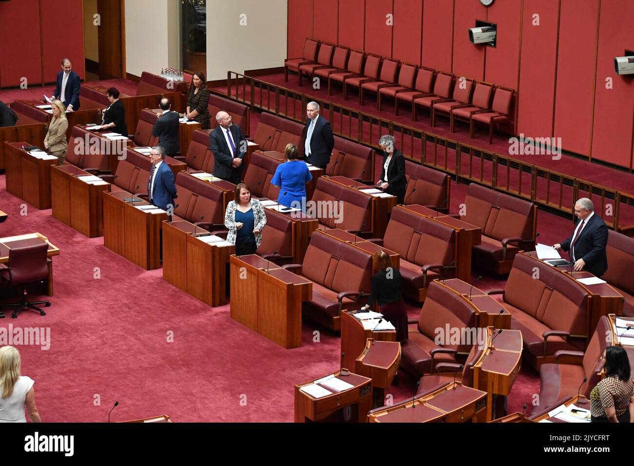 Senators are seen social distancing in the Senate chamber at Parliament ...