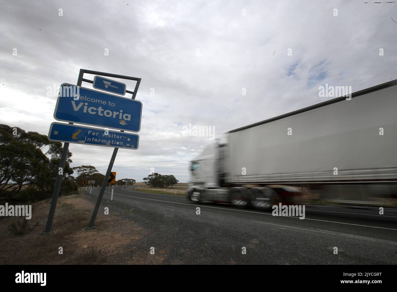 The Victorian border sign is seen near the SA border 5kms east of ...