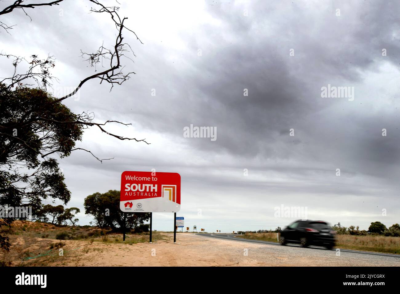 The South Australian border sign is seen near the SA border 5kms east ...