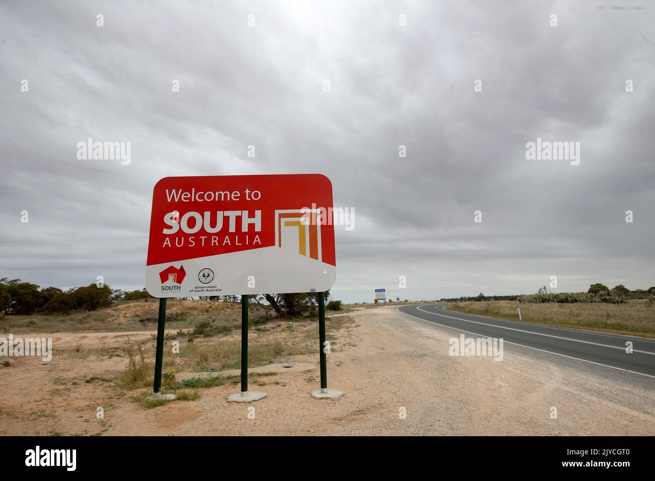 The South Australian border sign is seen near the SA border 5kms east ...