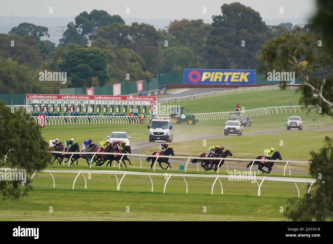 A general view is seen during race 6 at Sandown racecourse as horses ...