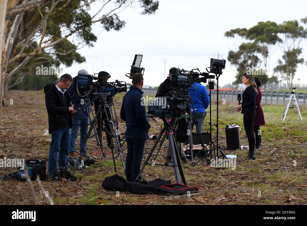 The media contingent is seen outside the HM Prison Barwon in Anakie ...