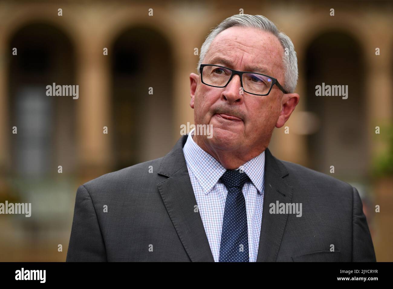 Health Minister Brad Hazzard speaks to the media during a press ...