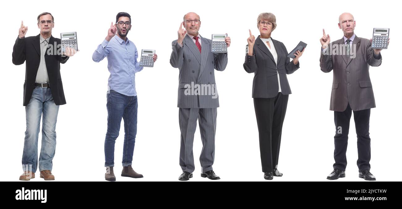 Collage of people with calculator isolated on white Stock Photo - Alamy
