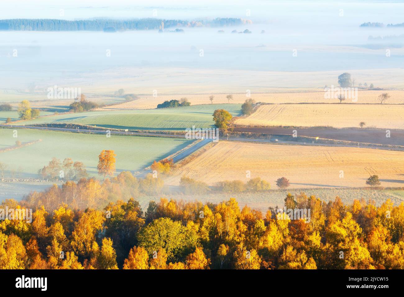 Aerial autumn fog above road hi-res stock photography and images - Alamy