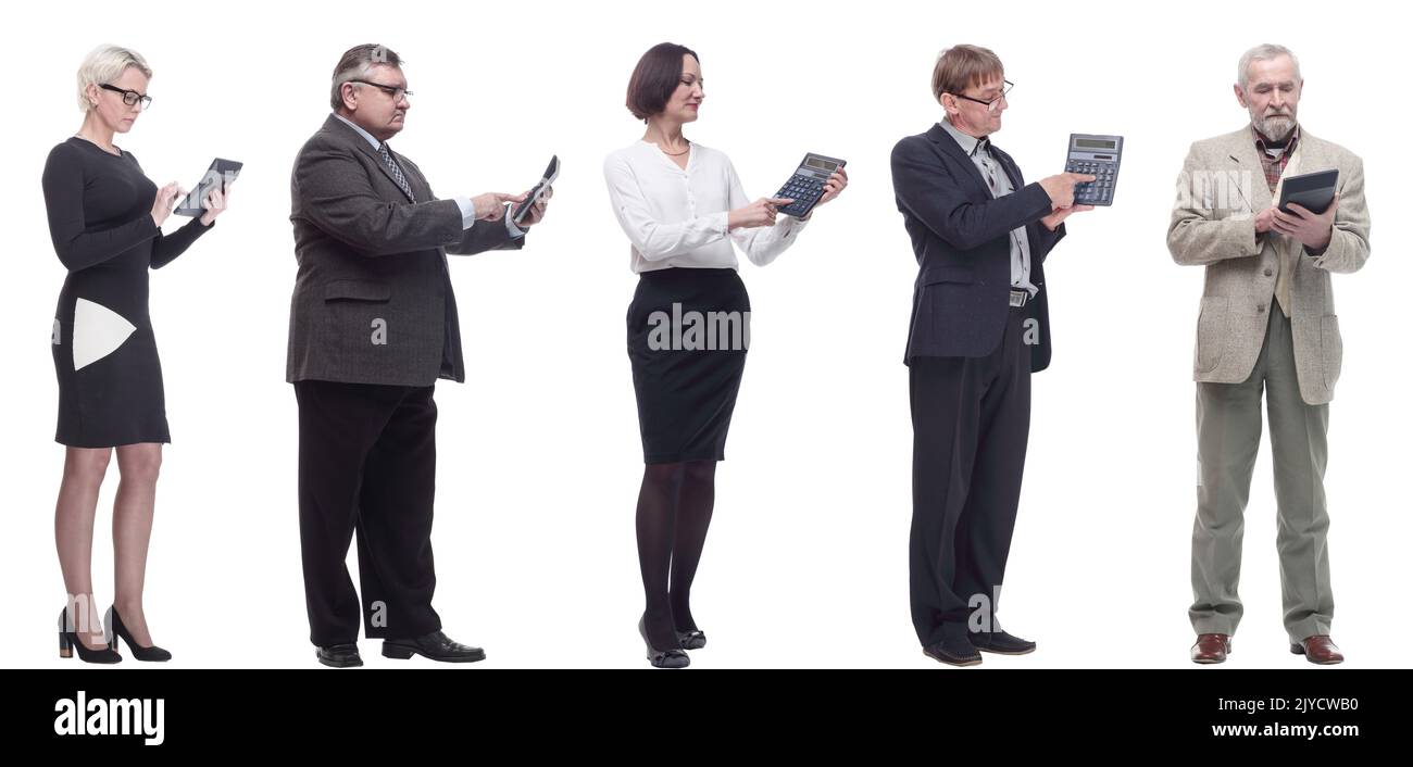 collage group of successful financiers with calculator isolated Stock ...
