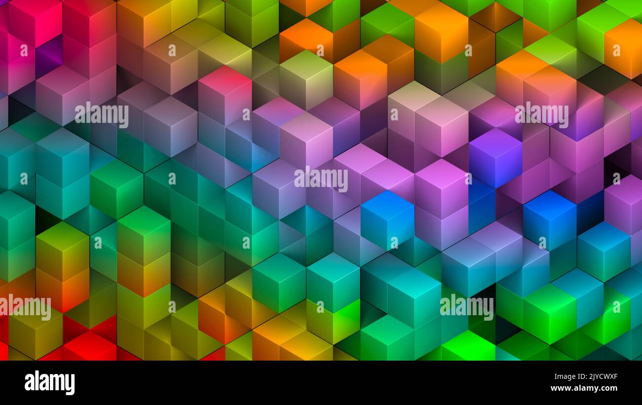 Geometric colorful abstract 3D background of rainbow squares and cubes ...