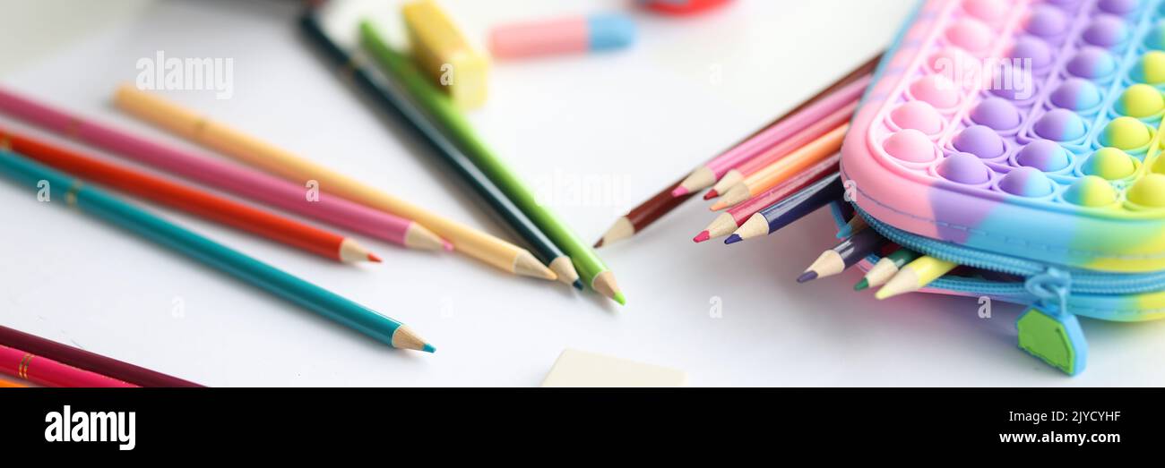 Stationery pencils wash and multicolored pencil case closeup Stock ...