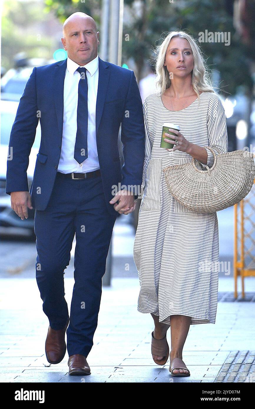 Former Wallaby Brett Sheehan with wife Laura, arrives at Manly Local ...