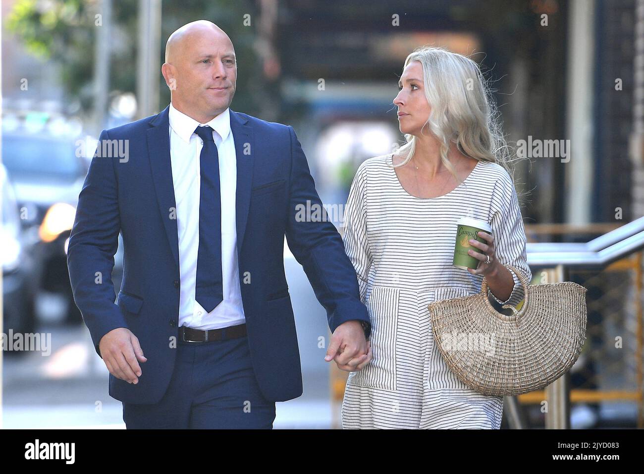 Former Wallaby Brett Sheehan with wife Laura, arrives at Manly Local ...