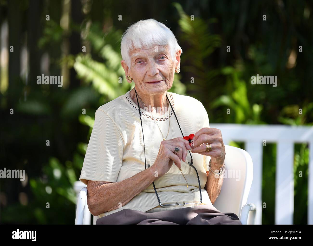 95 year-old war widow Mollie Jean Hunt poses for a photo during a small ...