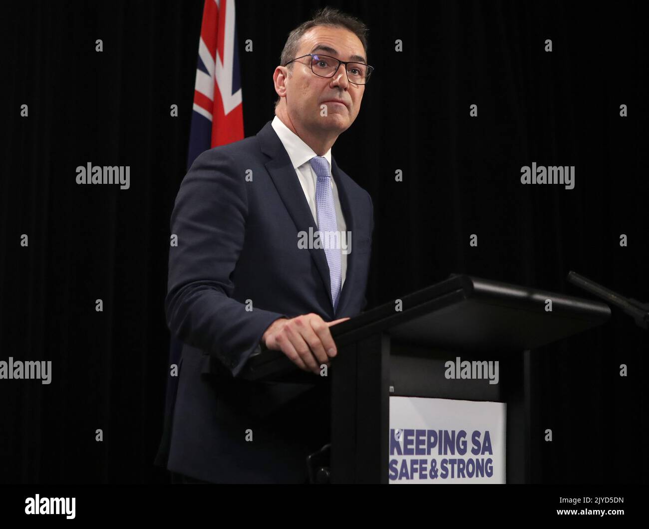 South Australian Premier Steven Marshall speaks to media during a press ...