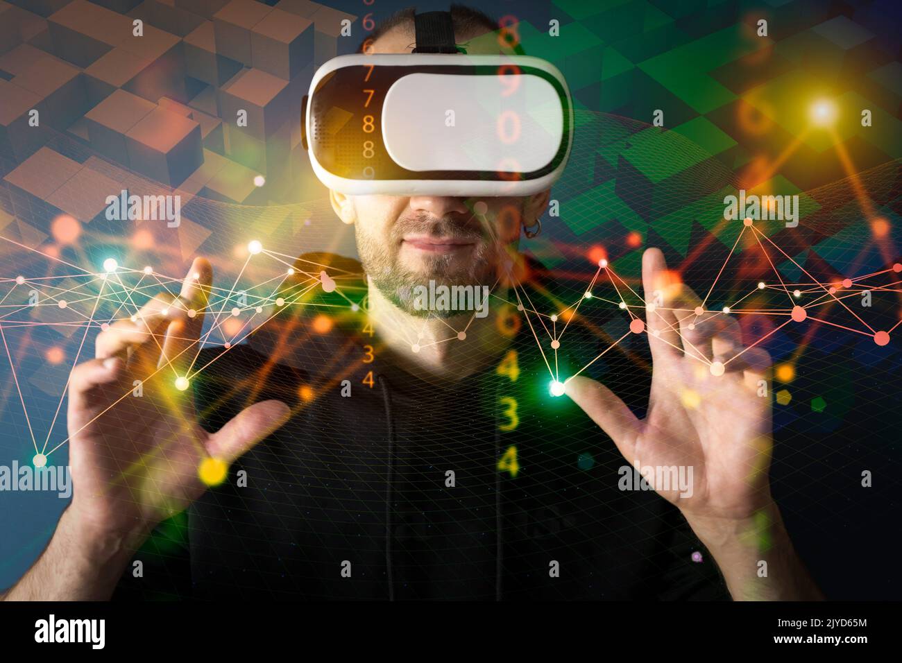 VR technology digital background. Man uses virtual reality glasses and interacts with 3D neon ...
