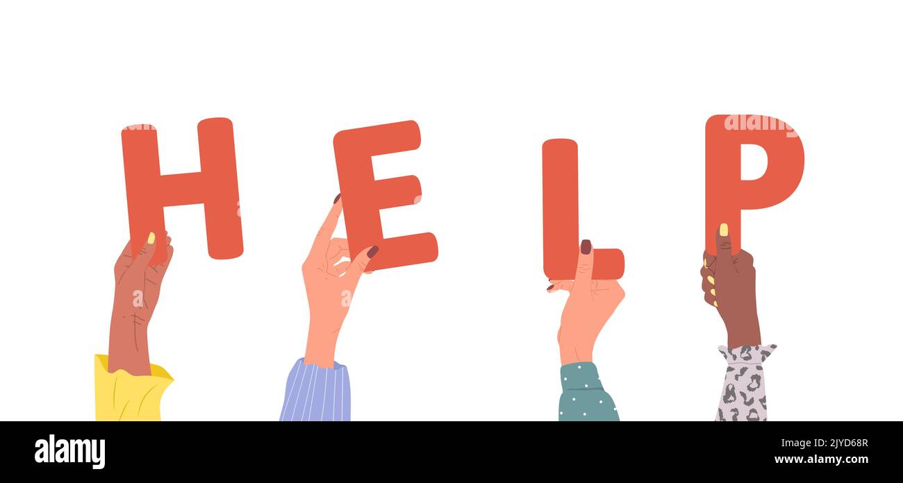 Group of different female hands holding red word Help. Diverse multi ...