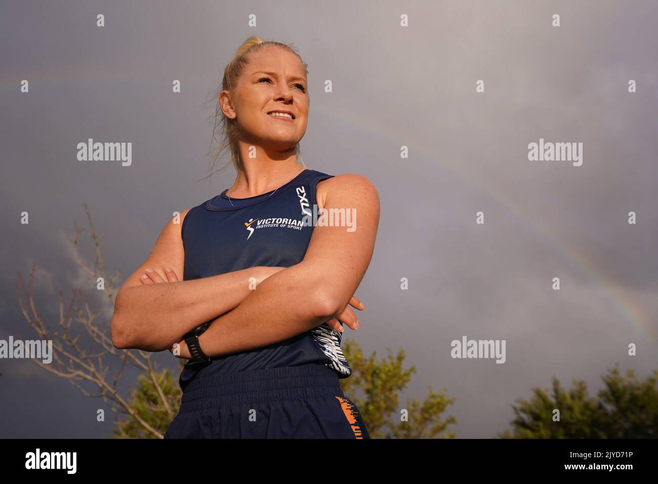 Long jumper Brooke Stratton poses after training at home in Cranbourne ...