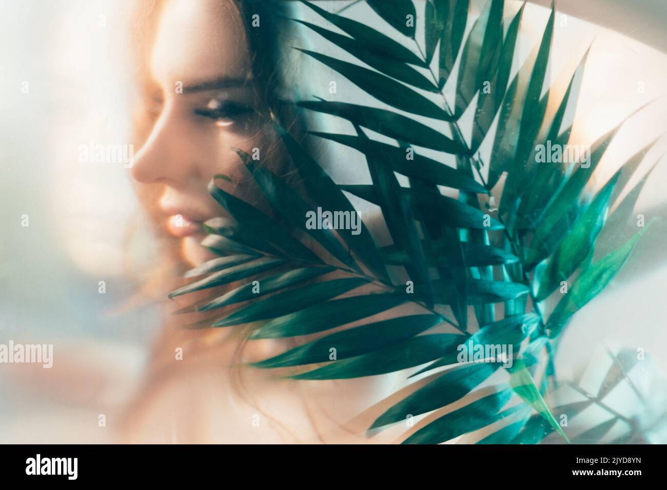 art portrait nature beauty blur woman face leaves Stock Photo - Alamy