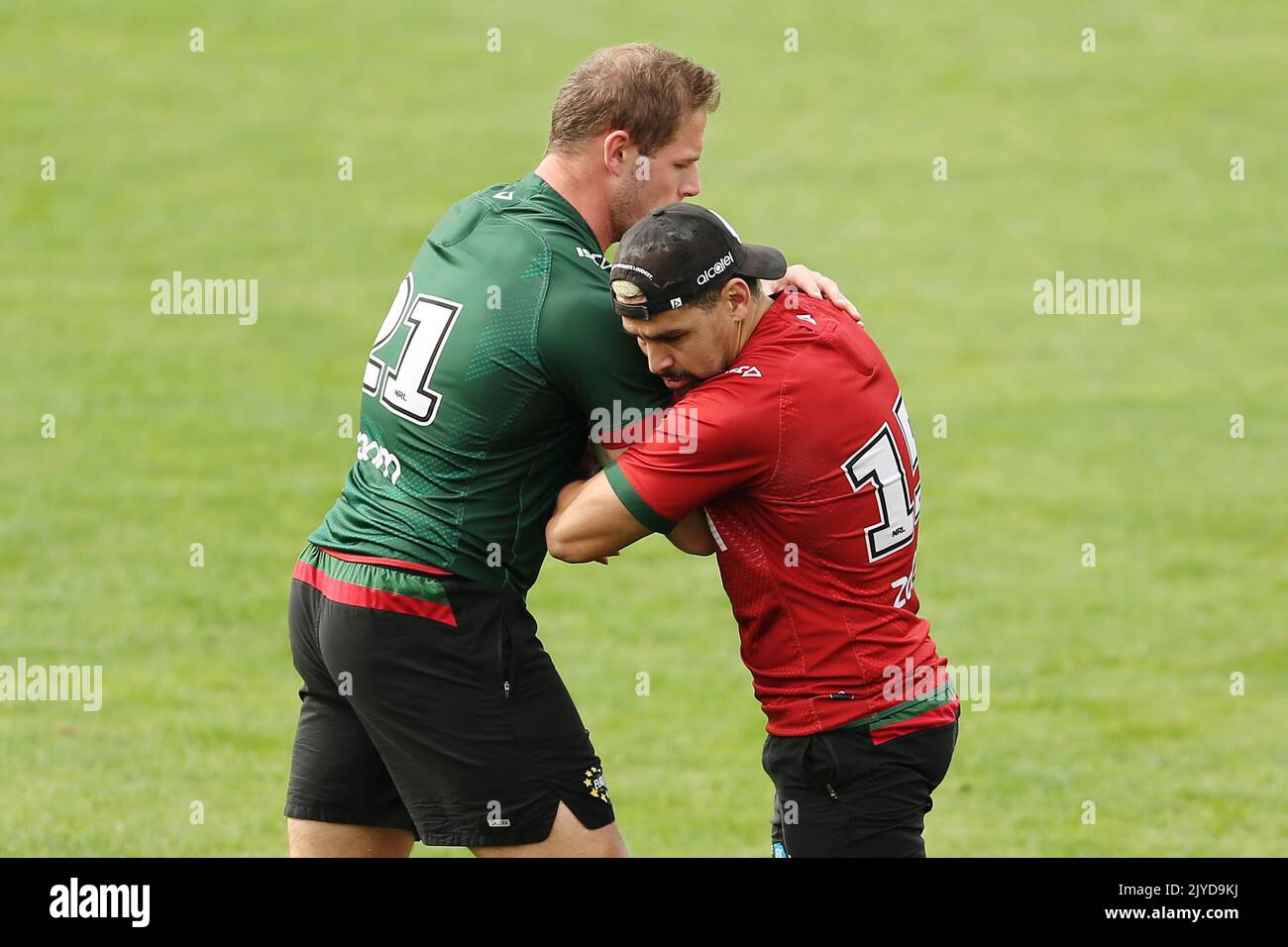 Tom Burgess of the Rabbitohs grapples with team mate Cody Walker during ...