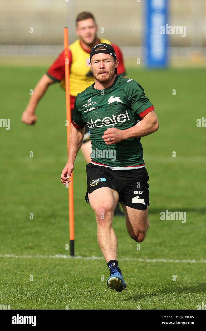 Damien Cook of the Rabbitohs runs a drill during an NRL Rabbitohs ...
