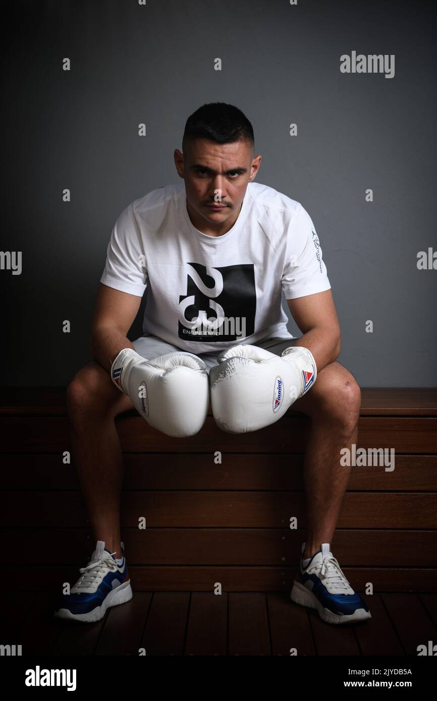 Australian boxer Tim Tszyu poses for photographs at his family home in ...