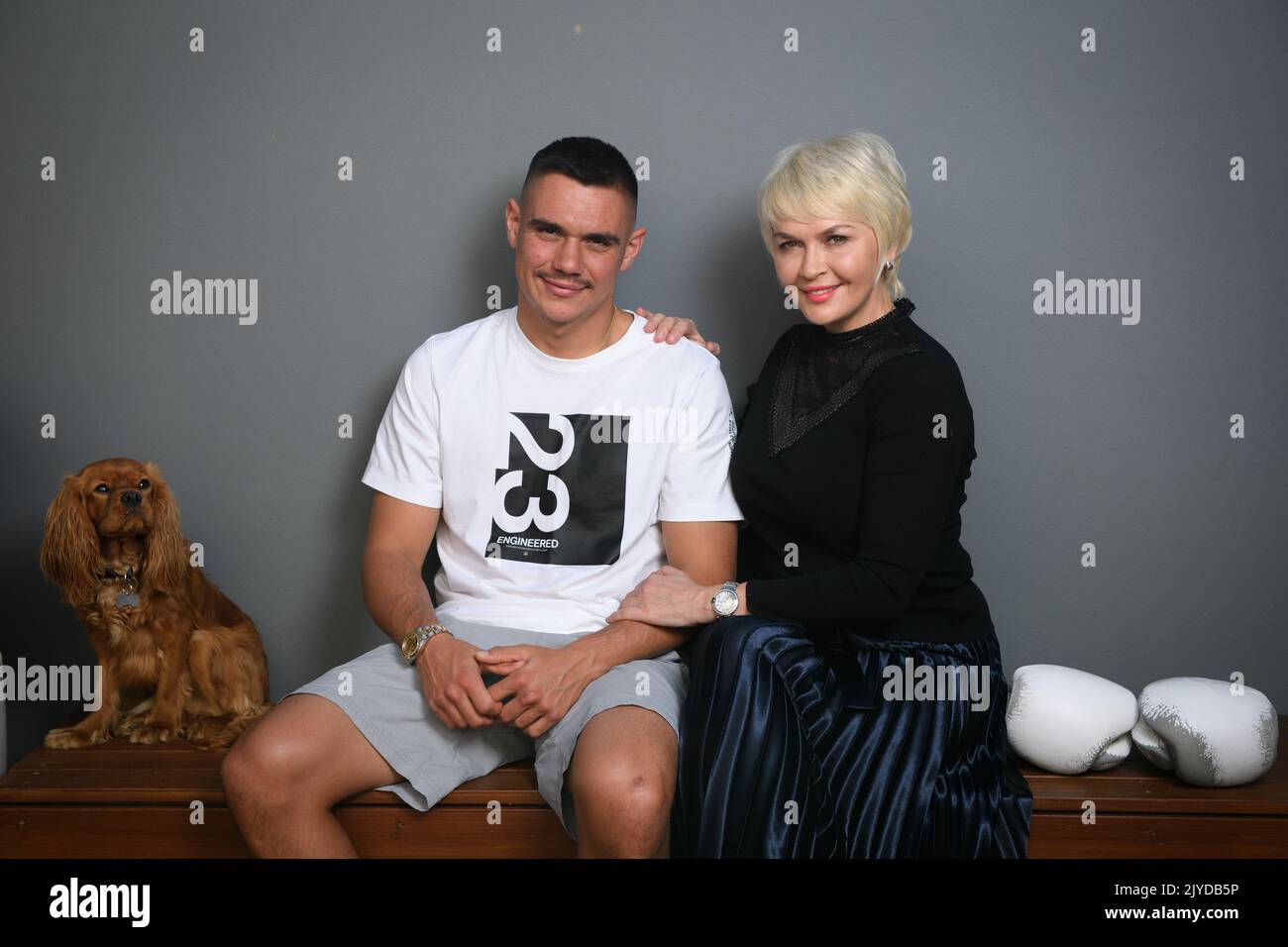 Australian boxer Tim Tszyu and his mother Natasha pose for photographs ...