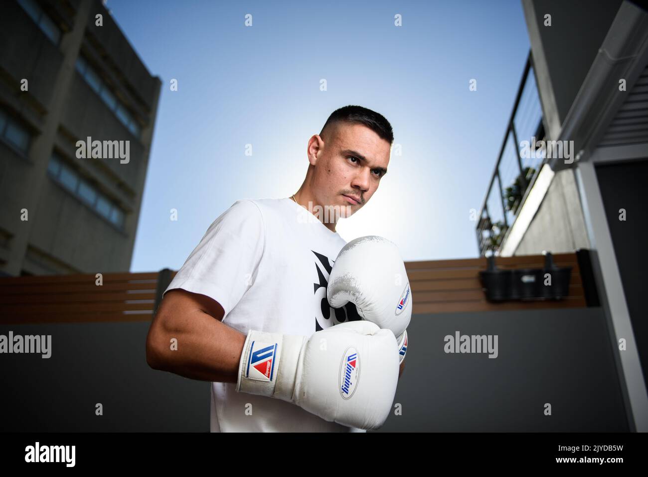 Australian boxer Tim Tszyu poses for photographs at his family home in ...