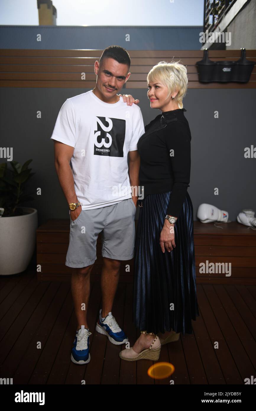 Australian boxer Tim Tszyu and his mother Natasha pose for photographs ...