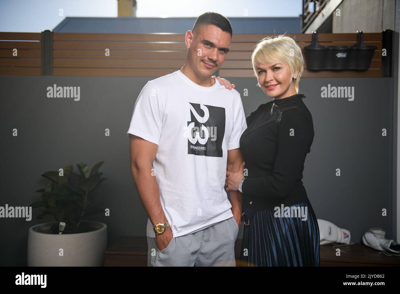 Australian boxer Tim Tszyu and his mother Natasha pose for photographs ...