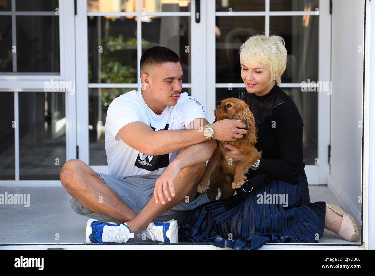 Australian boxer Tim Tszyu and his mother Natasha pose for photographs ...