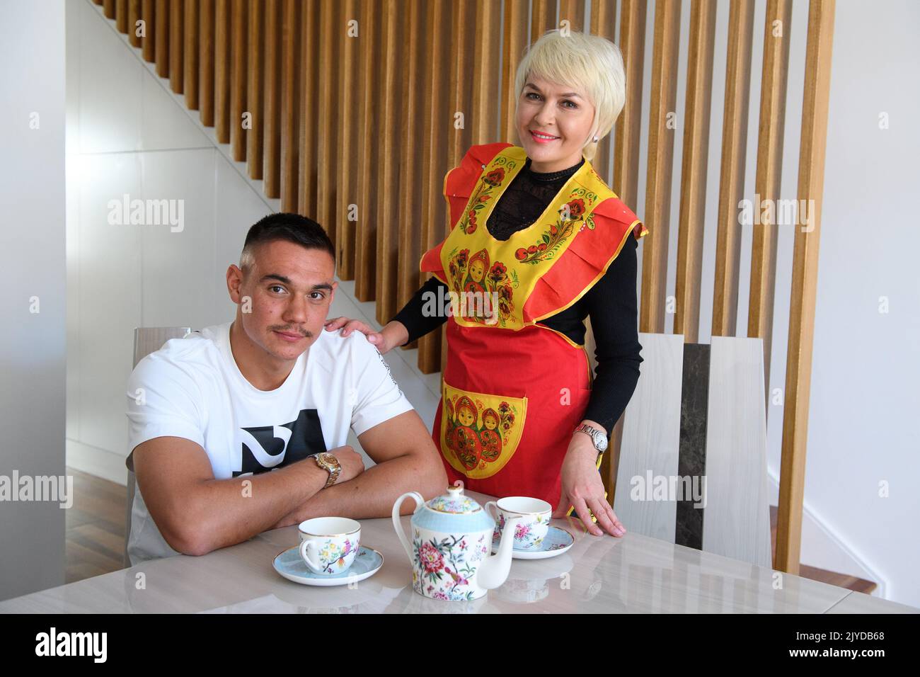 Australian boxer Tim Tszyu and his mother Natasha pose for photographs ...