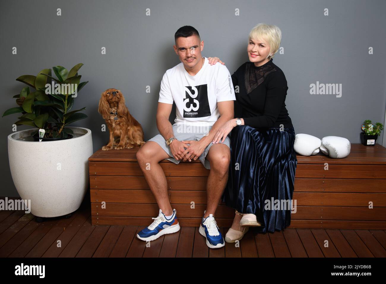 Australian boxer Tim Tszyu and his mother Natasha pose for photographs ...