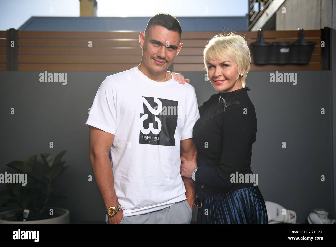 Australian boxer Tim Tszyu and his mother Natasha pose for photographs ...