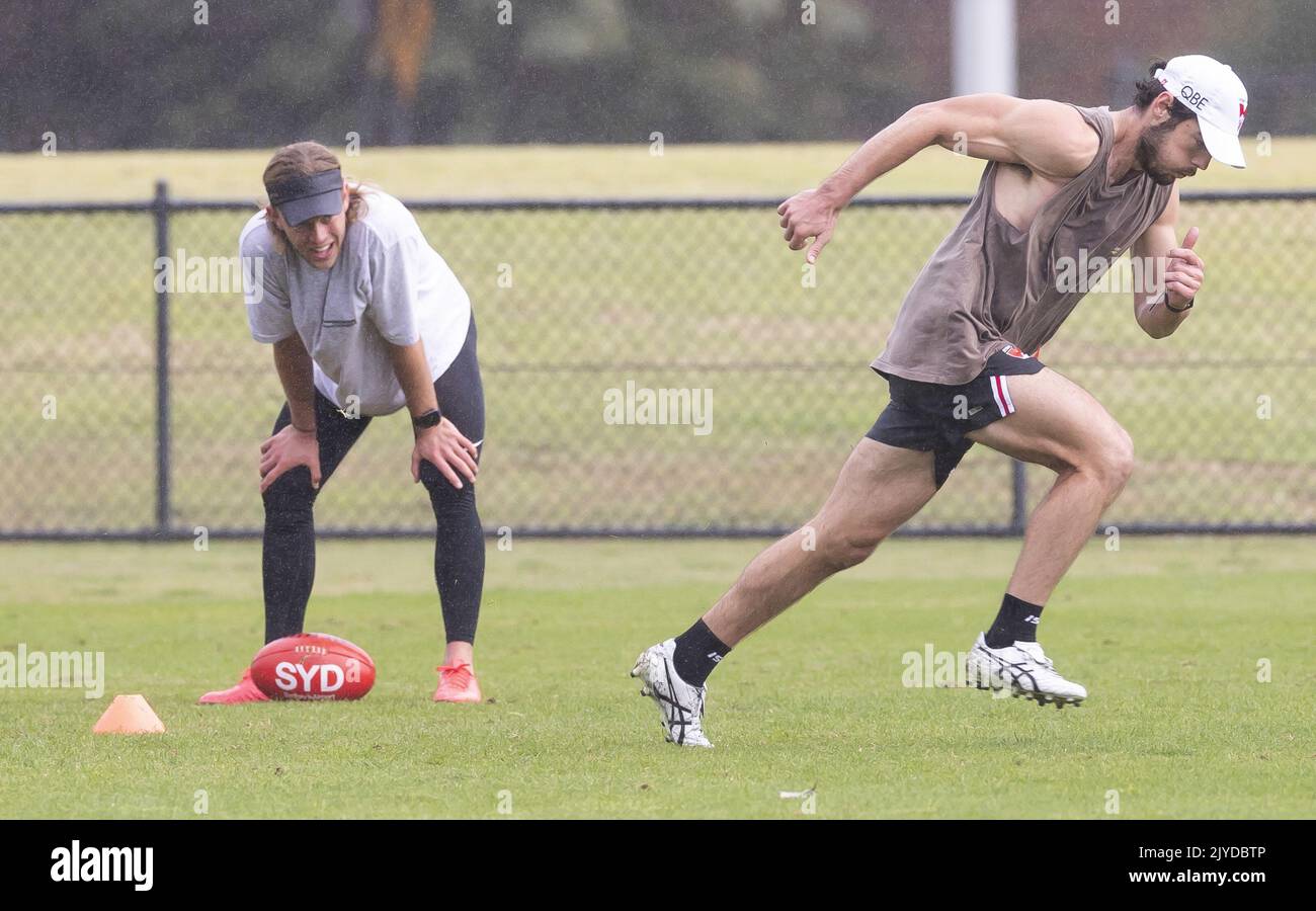 James Rowbottom (left) and Tom Mccartin of the Sydney Swans train in ...