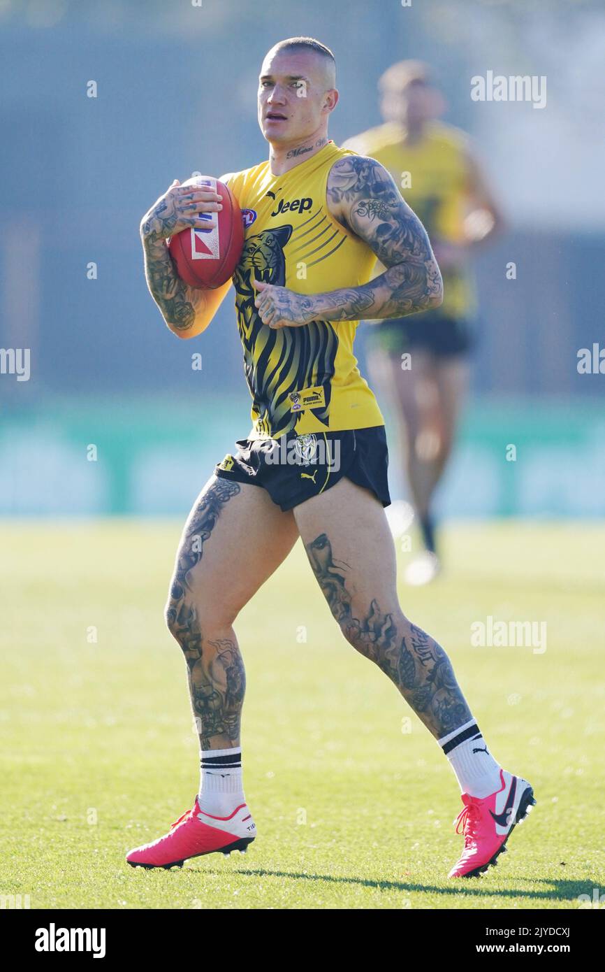 Dustin Martin of the Tigers trains in Melbourne, Monday, May 18, 2020 ...