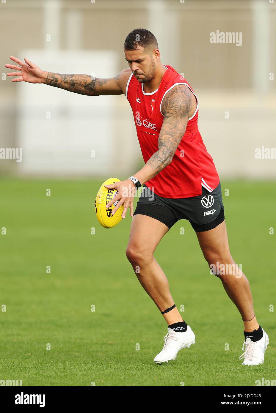 Lance Franklin of the Swans kicks during a Sydney Swan training session ...