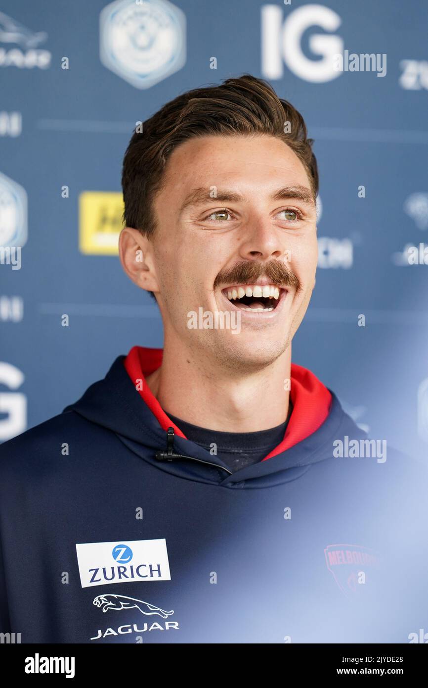 Jake Lever of the Demons speaks to the media during an AFL Demons ...
