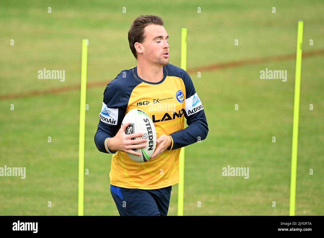 Clint Gutherson of the Eels takes part in a training session at ...